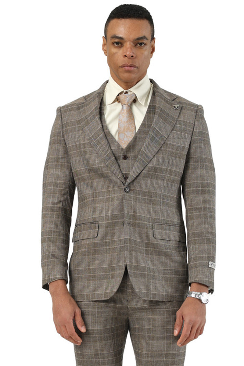 Men's Stacy Adams Two Button Wide Notch Lapel Vested Suit in Brown Gle ...