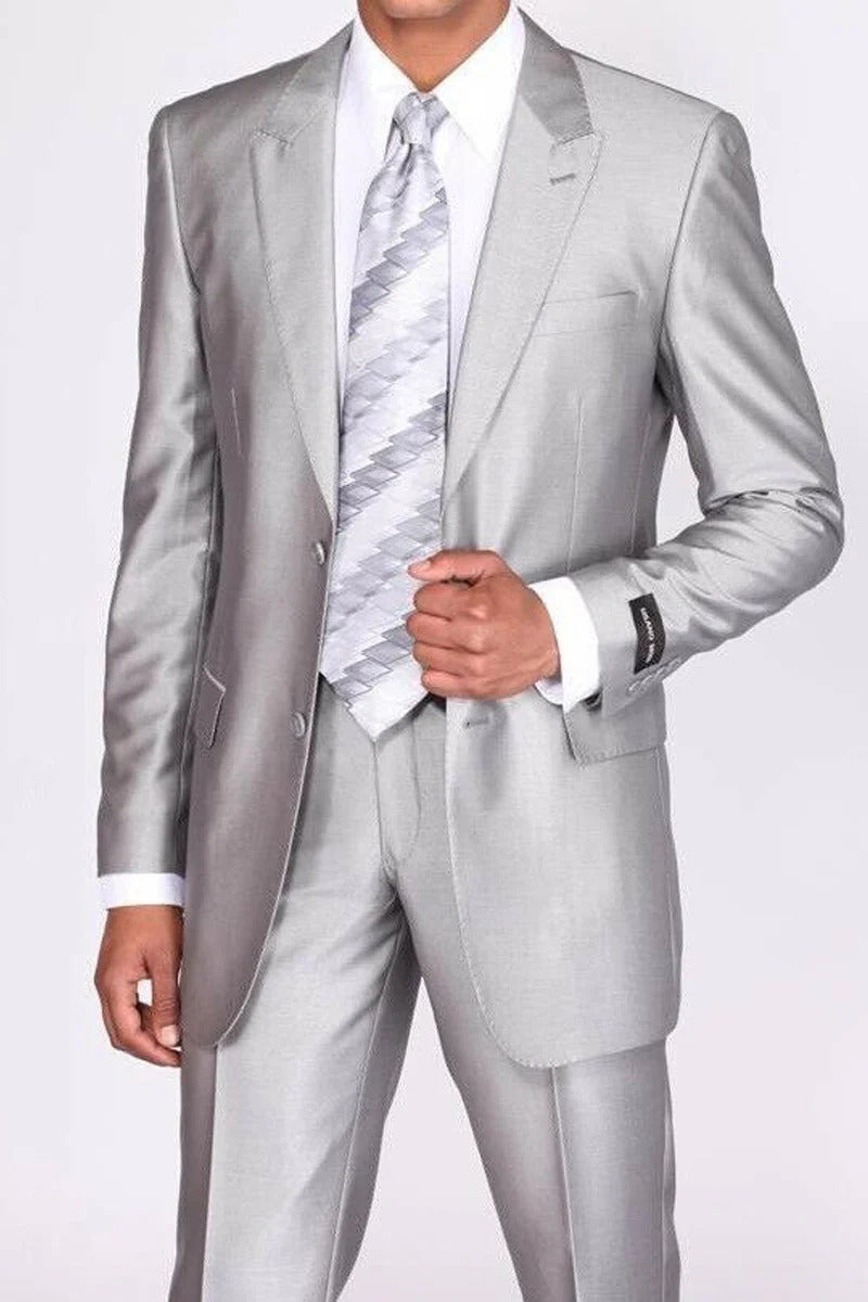 Mens 2 Button Peak Lapel Shiny Sharkskin Suit in Silver — USA Men's Outlet