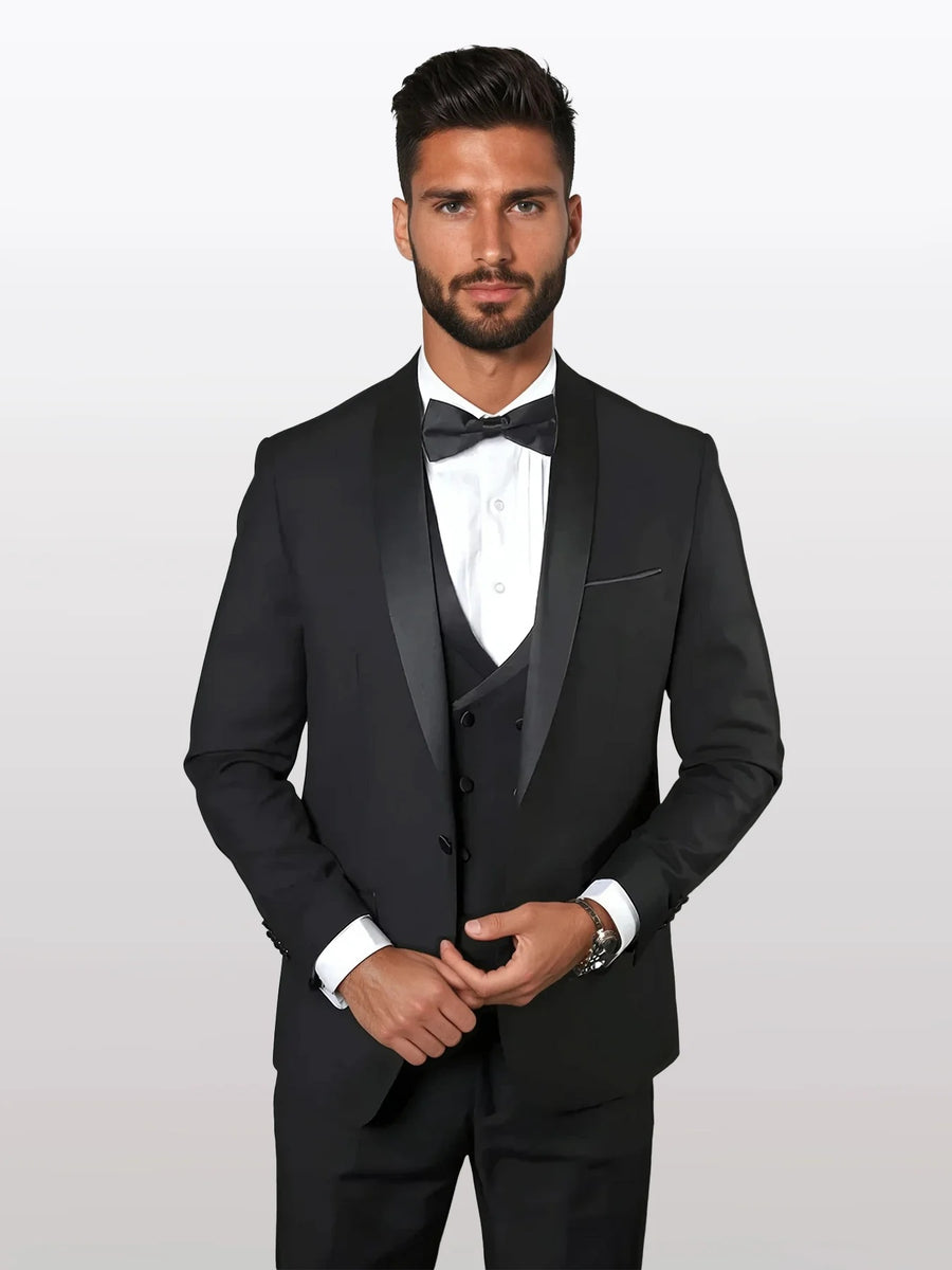 Statement Men's Black Shawl Lapel 100% Wool Vested Tuxedos — USA Men's ...