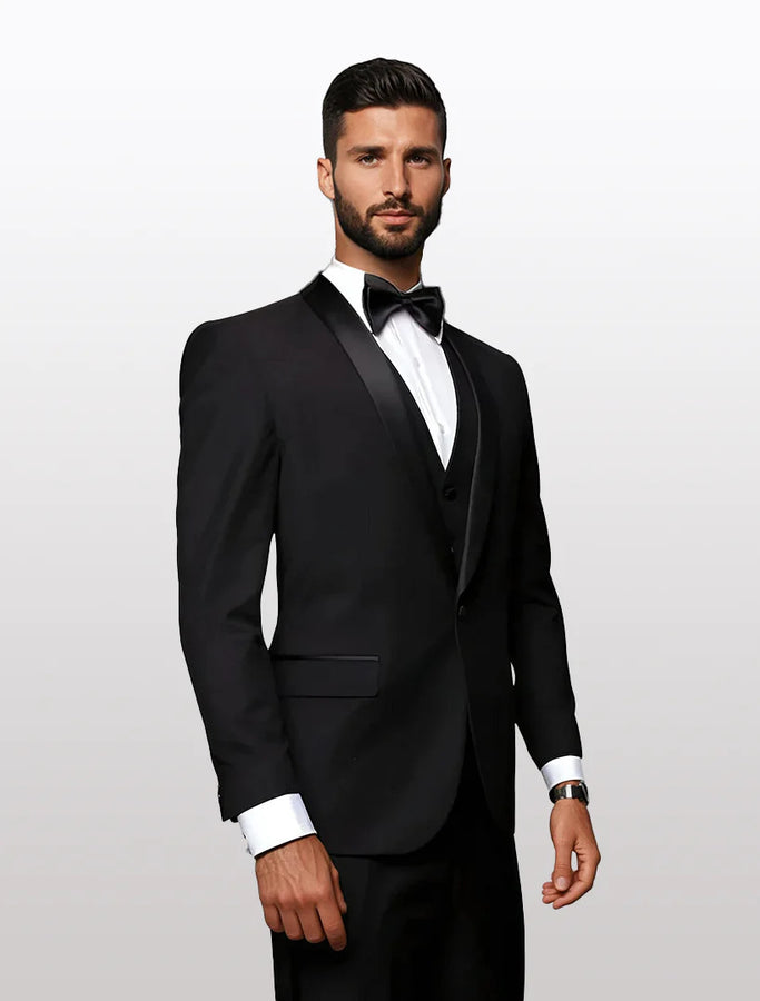 Statement Men's Black with Black Lapel Vested 100% Wool Tuxedos — USA ...