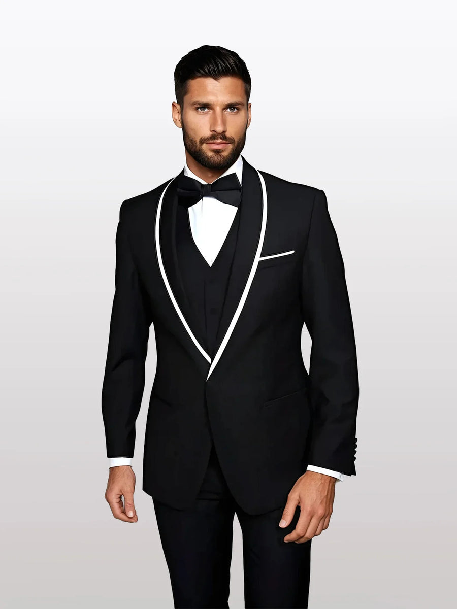 Statement Men's Black with White Lapel Vested 100% Wool Tuxedos — USA ...