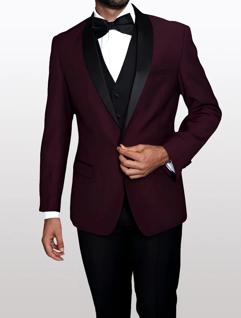 Statement Men's Burgundy with Black Lapel Vested 100% Wool Tuxedos ...