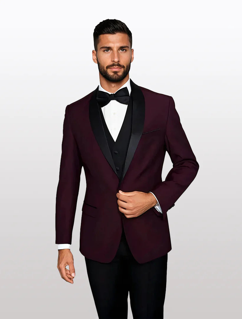 Statement Men's Burgundy with Black Lapel Vested 100% Wool Tuxedos ...