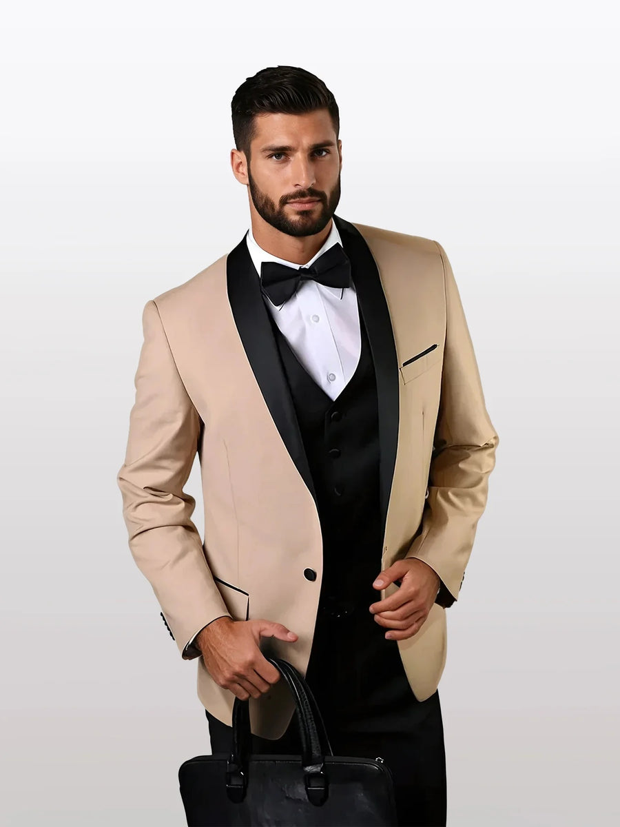 Statement Men's Champagne with Black Lapel Vested 100% Wool Tuxedos ...