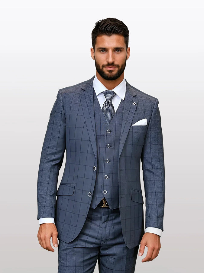 Statement Men's Charcoal Windowpane Modern Fit Vested Suits — USA Men's ...
