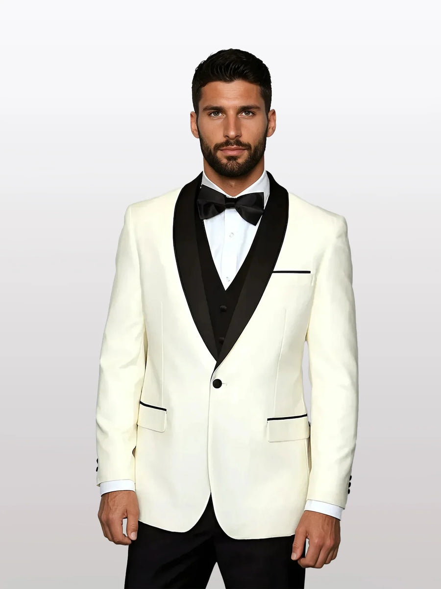 Statement Men's Ivory with Black Lapel Vested 100% Wool Tuxedos — USA ...