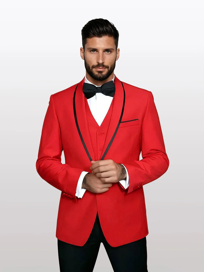 Statement Men's Red Vested with Black Trim Fine Lapel 100% Wool Tuxedo ...