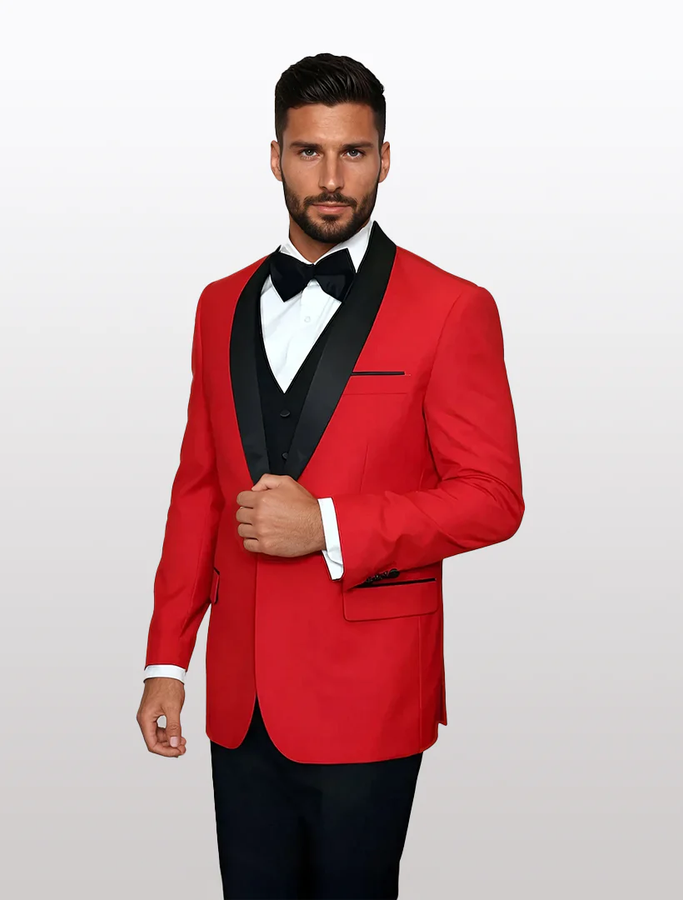 Statement Men's Red with Black Lapel Vested 100% Wool Tuxedos — USA Men ...