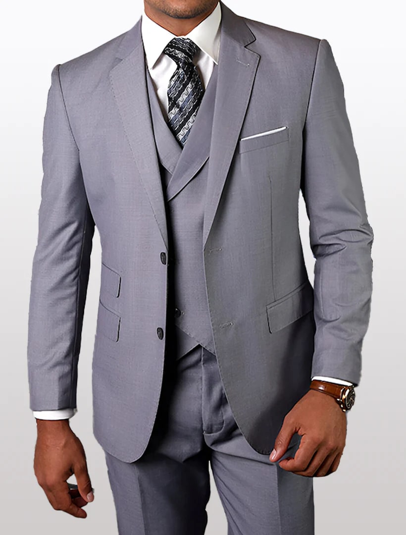 Statement Mens Grey Modern Fit 100% Wool Vested Suits — USA Men's Outlet