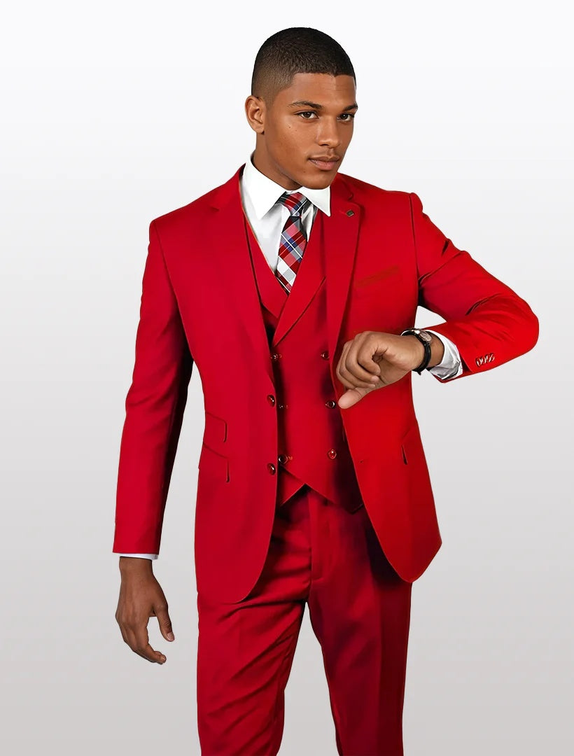Statement Mens Red Modern Fit 100% Wool Vested Suit — USA Men's Outlet