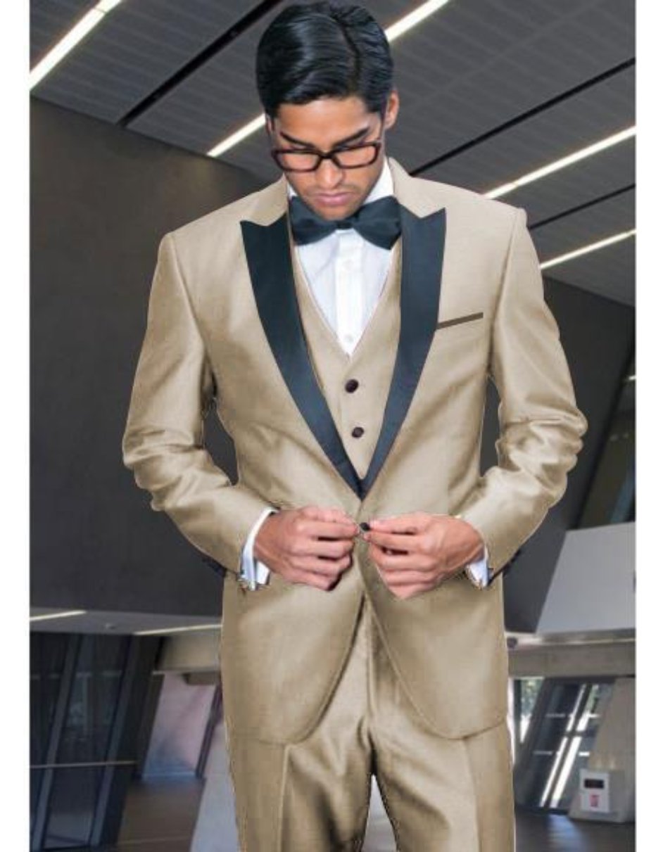 Tan ~ Beige ~ Sand Color Peak Lapel Tuxedo Vested 3 Piece Suit By Albe ...