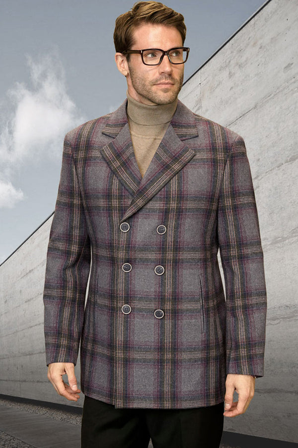 Men's Designer 100% Wool Winter Peacoat in Grey Plaid — USA Men's Outlet