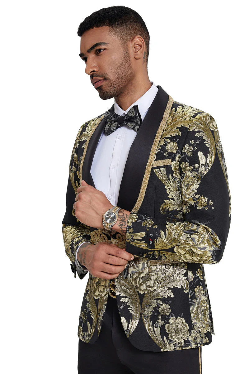 Mens One Button Shawl Lapel Wedding Prom Tuxedo in Shiny Black Paisley ...