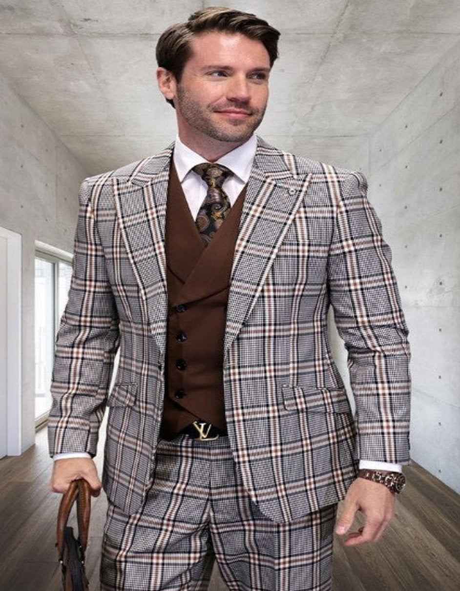 Tan Plaid Suit - Camel Khaki Color Windowpane Pattern Suit - Wool Suit ...