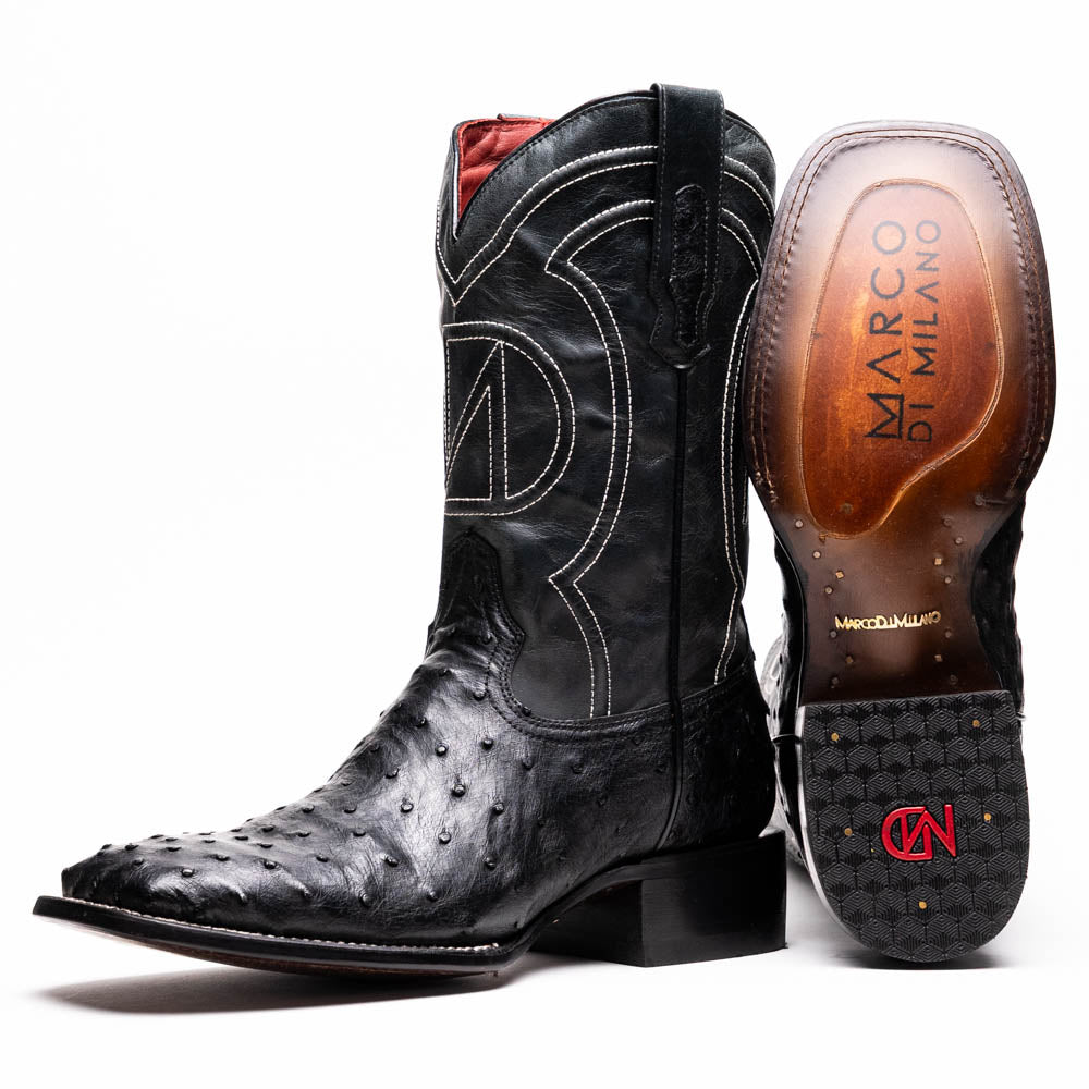 Marco Di Milano Alabama Black Ostrich Quill Square Toe Cowboy Boots ...