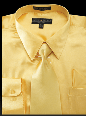 Daniel Ellissa Men's Reg. Fit Gold Shiny Satin Shirt, Tie & Pocket Squ ...
