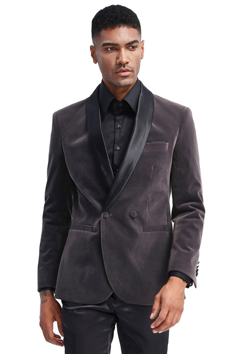 Wedding grey tuxedo MEN'S SLIM FIT DOUBLE BREASTED VELVET SMOKIN JACKE — USA Men's Outlet