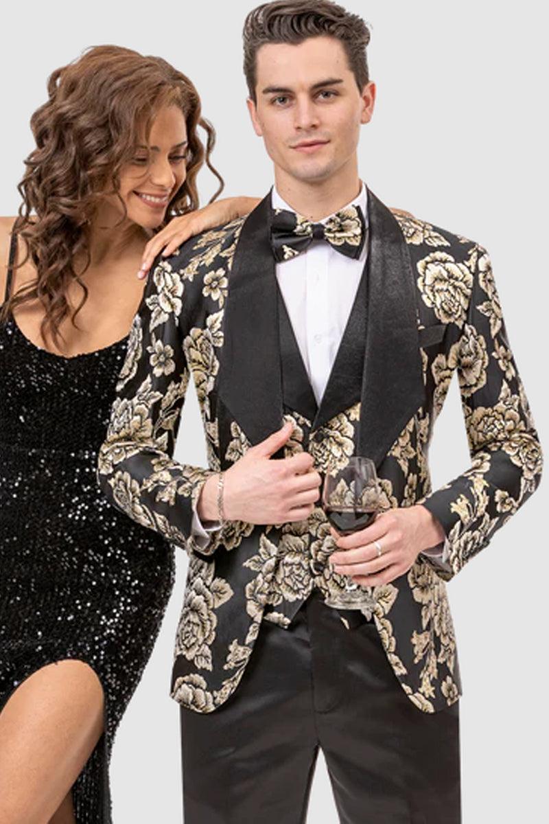 EJ Samuel Paisley Vested Prom Tuxedo in Black & Gold — USA Men's Outlet