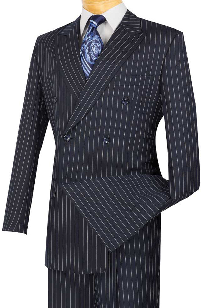 Mens Double Breasted Gangster Bold Pinstripe Suit in Navy — USA Men's ...