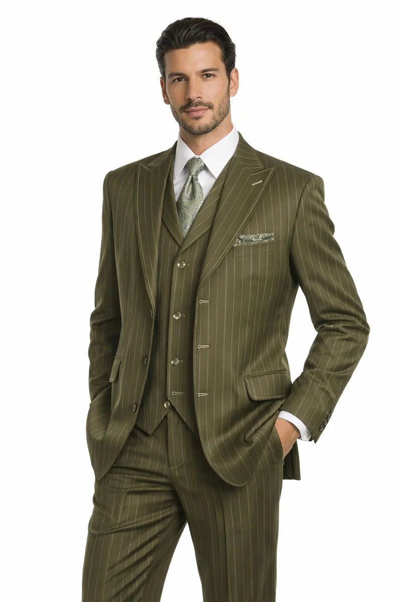 Men’s Vintage Vested Gangster Pinstripe Suit – Bold Olive Green Fashio ...