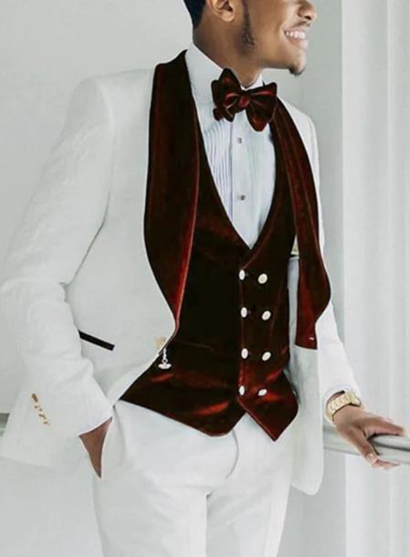 Wedding Tuxedo - Groom Suit - White and Burgundy Prom Suit — USA Men's ...