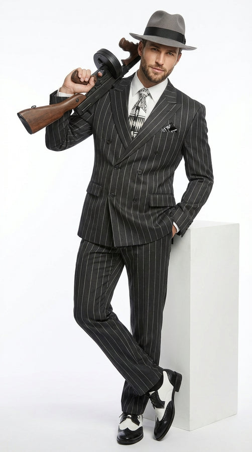 Mens Black Pinstripe AI Capone Suit – Vintage 1920s Gangster Style Thr ...