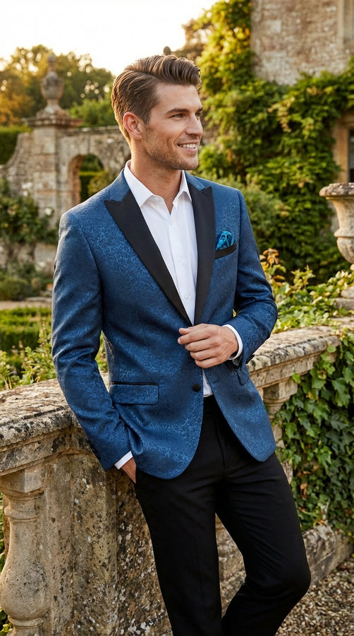Mens Teal Blue Jacquard Paisley Blazer – Black Peak Lapel Formal Dinne ...