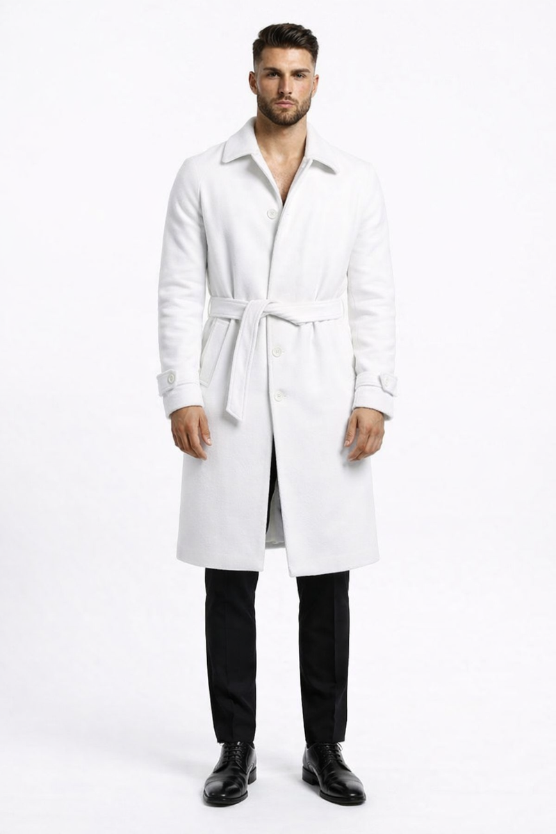 Men's White Wool Belted Long Coat – Classic Overcoat for Formal Wear ...