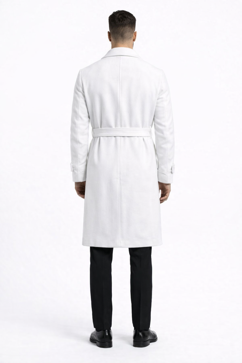 Men's White Wool Belted Long Coat – Classic Overcoat for Formal Wear ...