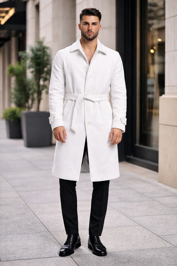 Men's White Wool Belted Long Coat – Classic Overcoat for Formal Wear ...