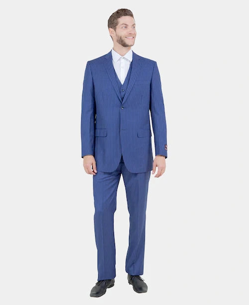 Men’s Royal Blue Pinstripe Three Piece Suit – Classic Formal 3PC Busin ...