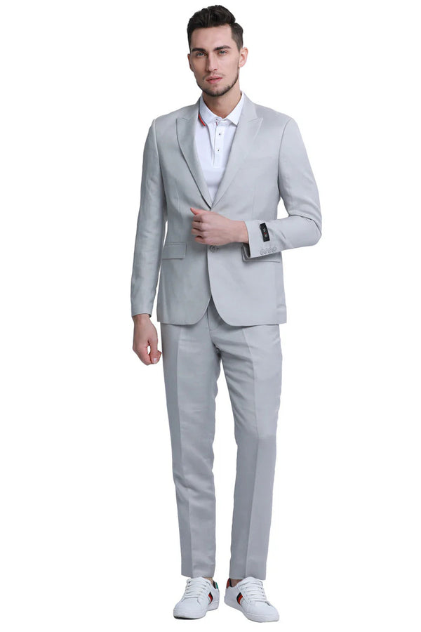 Men's Two Button Peak Lapel Summer Linen Style Beach Wedding Suit in L ...
