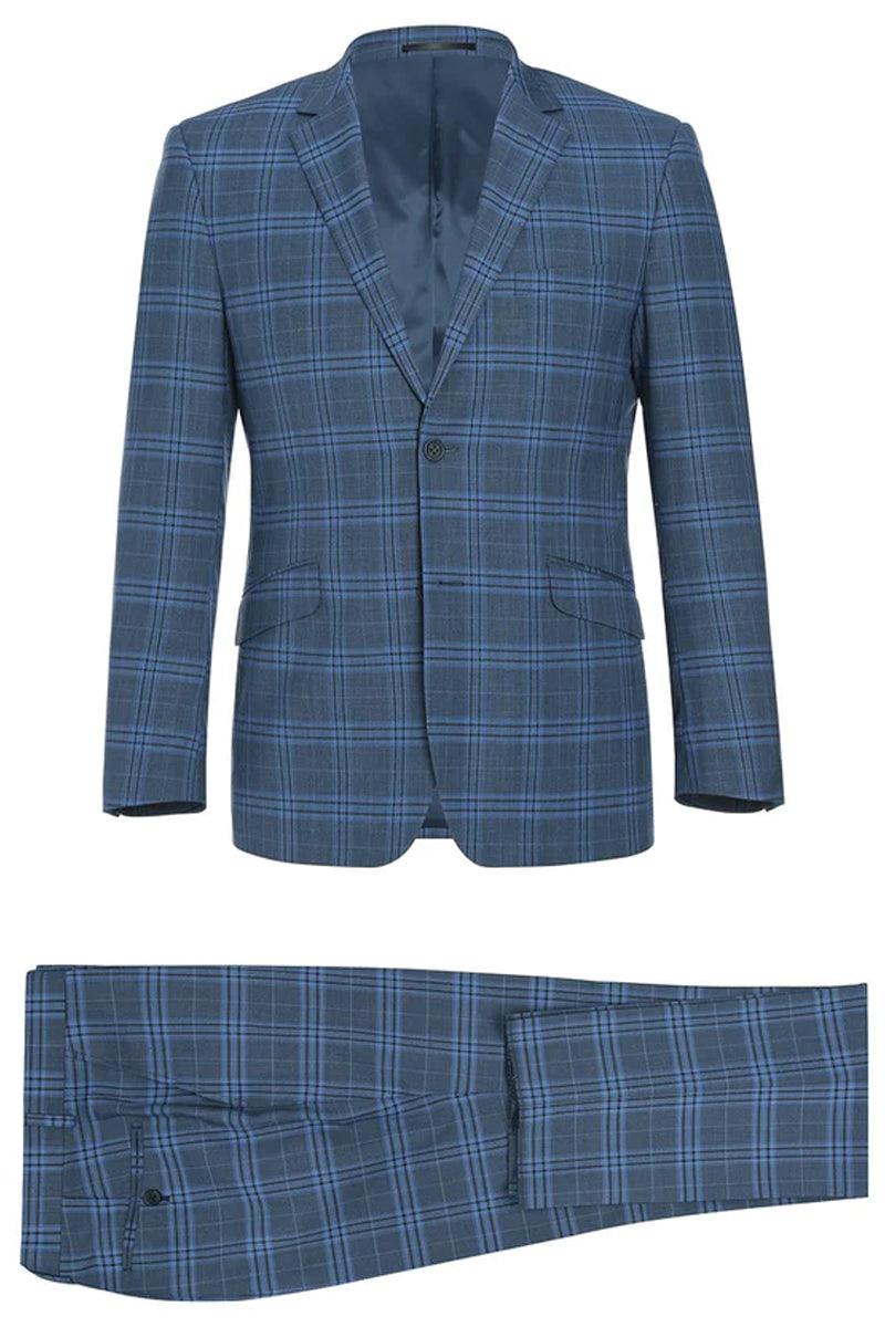 Renoir Men's 2-Button Slim-Fit 2-Piece Blue Windowpane-Pattern Suit ...