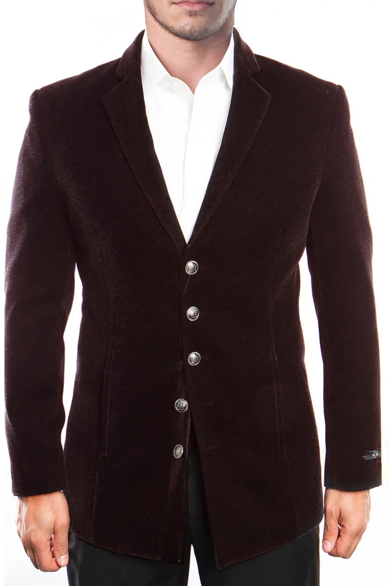 Men's Five Button Vintage Style Velvet Coats in Burgundy — USA Men's Outlet
