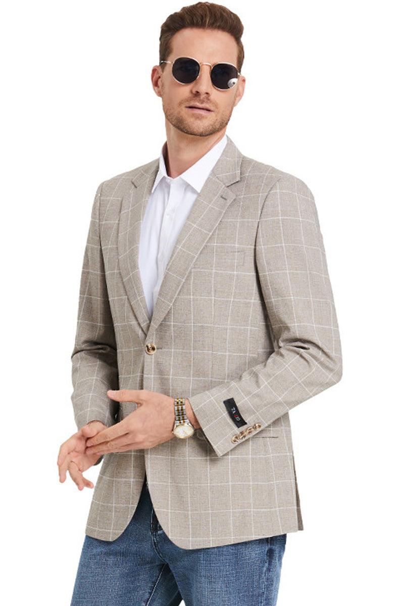 Tazio Men's Light Tan Summer Windowpane Plaid Slim Fit Suit — USA Men's ...
