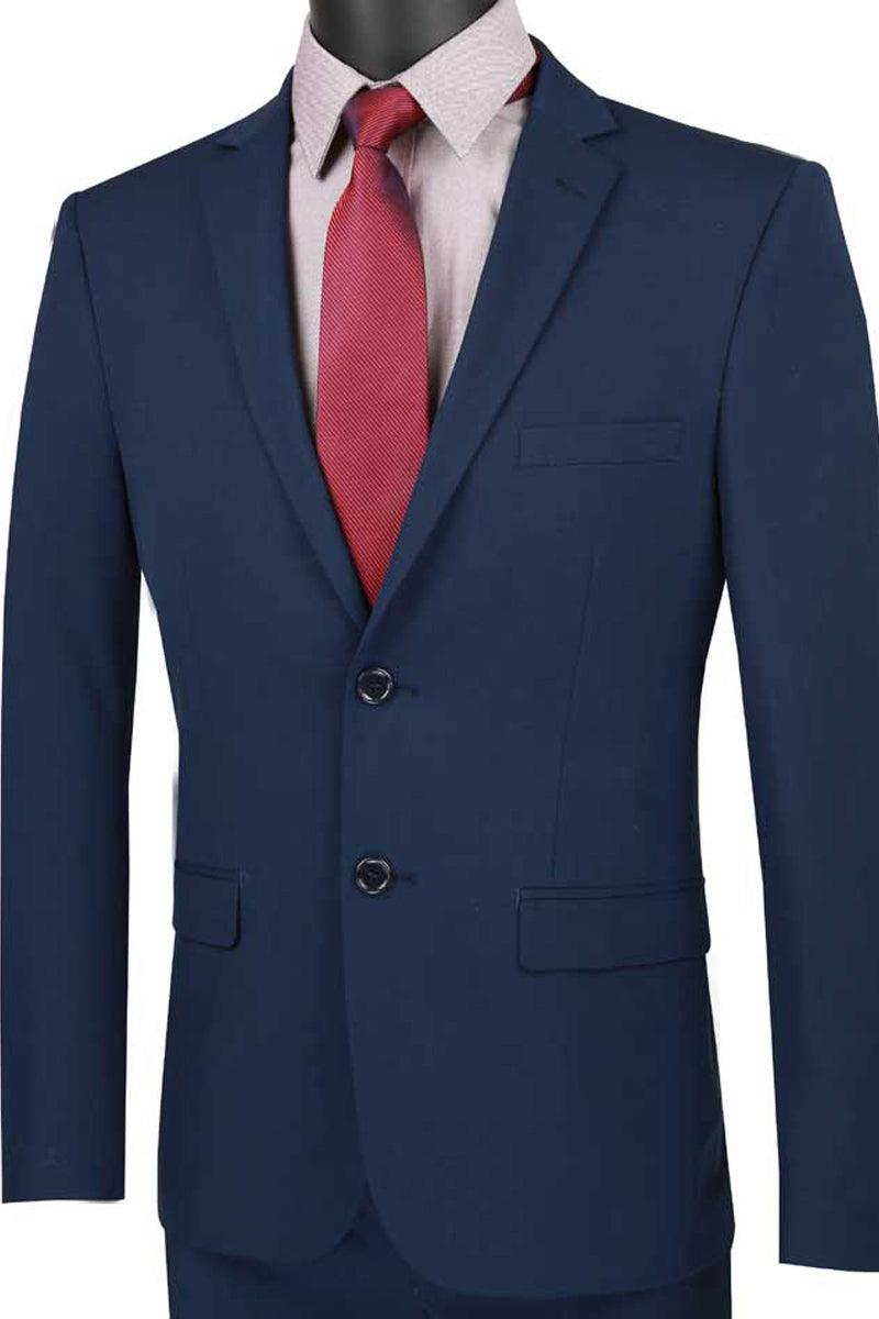 "Vinci Men's Ultra Slim Fit Navy Blue Stretch Suit" — USA Men's Outlet