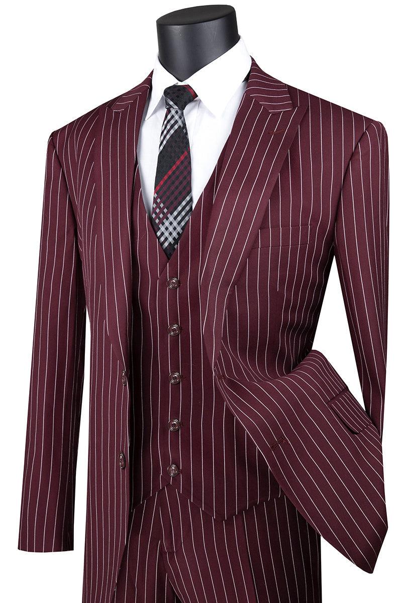 Vinci Men's Vested Burgundy Gangster Pinstripe Suit — USA Men's Outlet